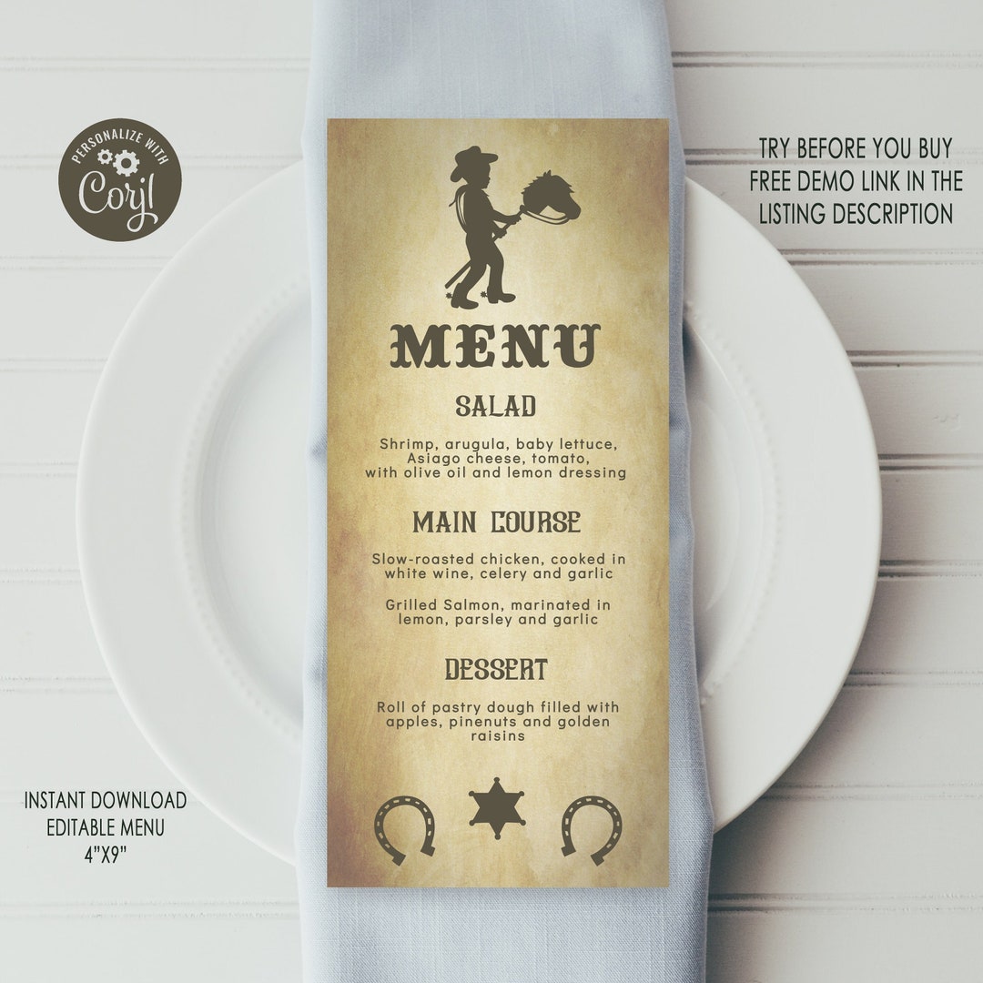 Cowboy Menu Template, EDITABLE Menu, Western Printable Menu, Wedding ...