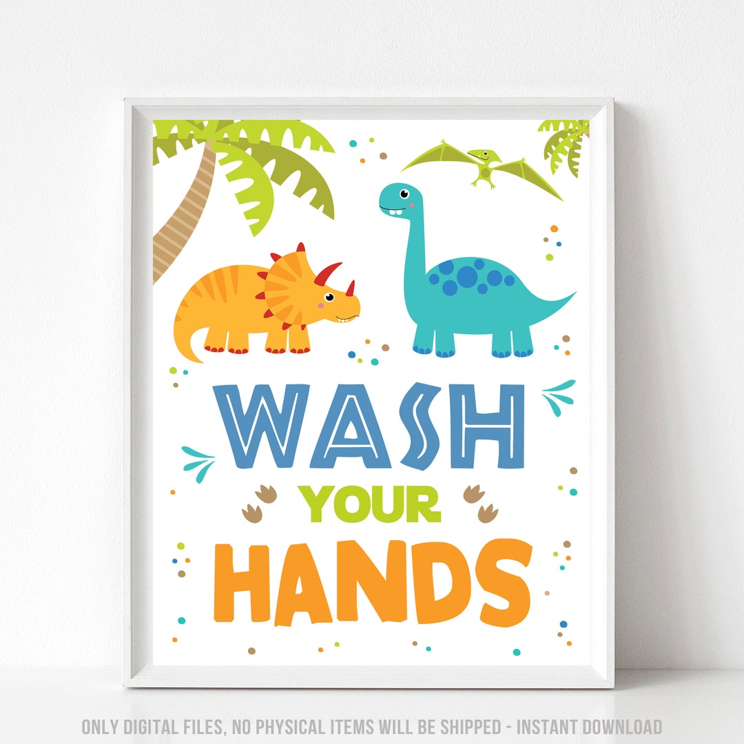 Wash Your Hands Sign, Nursery Sign, Kids Bathroom Sign, Dinosaur Wash ...