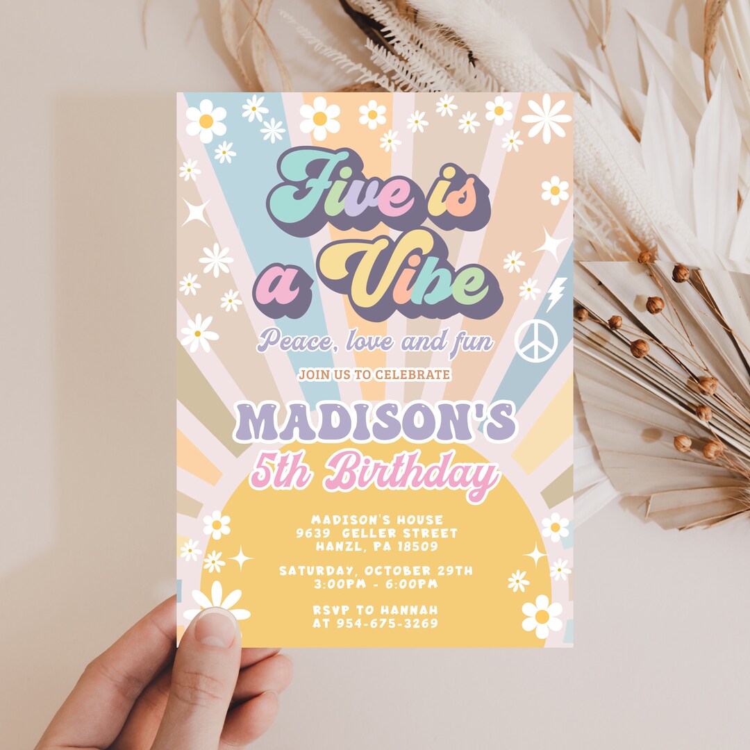 Groovy 5th Birthday Invitation, EDITABLE Five is a Vibe Invitation ...