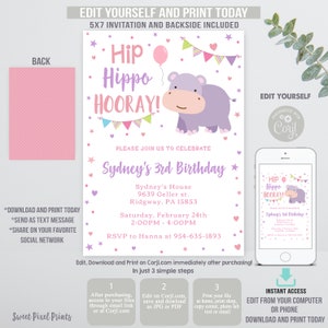 Hippo Birthday Invitation, EDITABLE Hippo Birthday Invitation, Hip ...