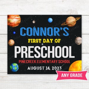 First Day of School Sign, Space First Day of Preschool Chalkboard ...