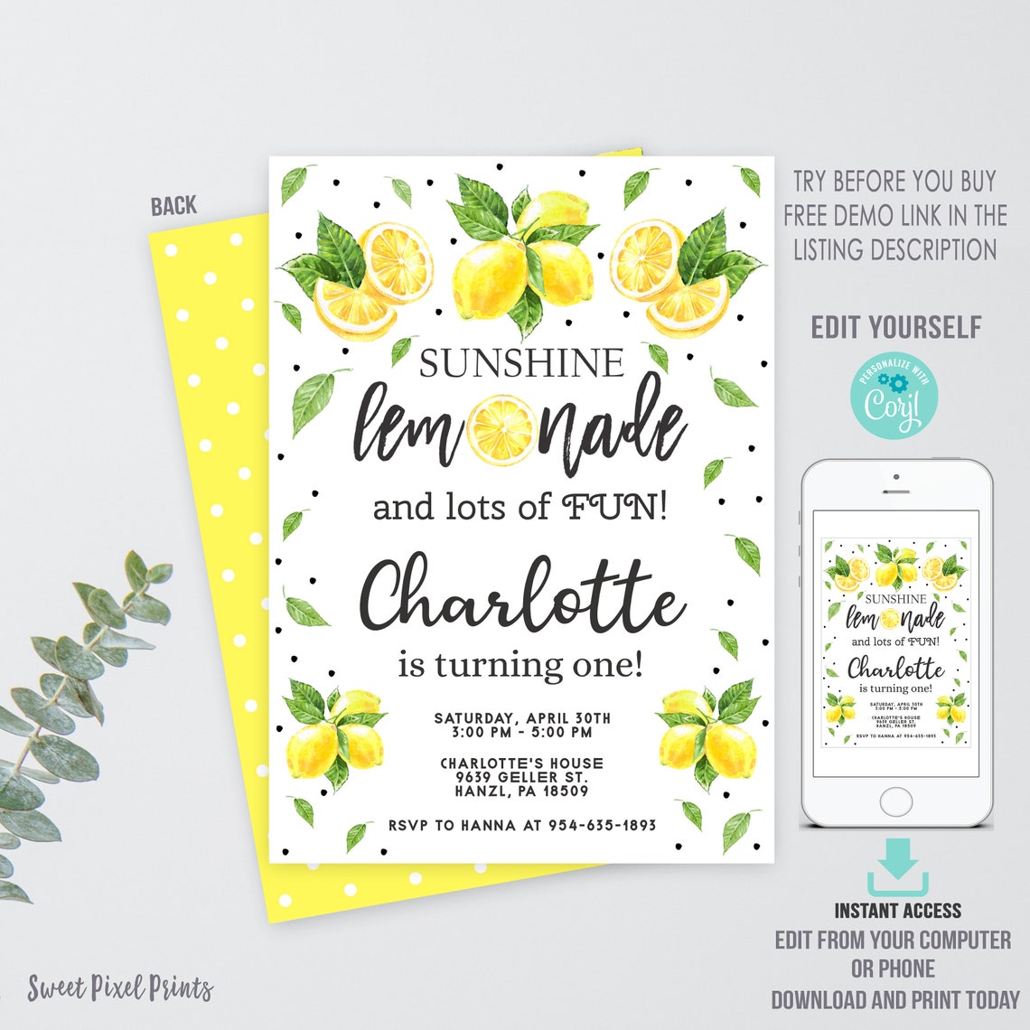 Lemon Birthday Invitation EDITABLE Lemon Birthday Invitation - Etsy