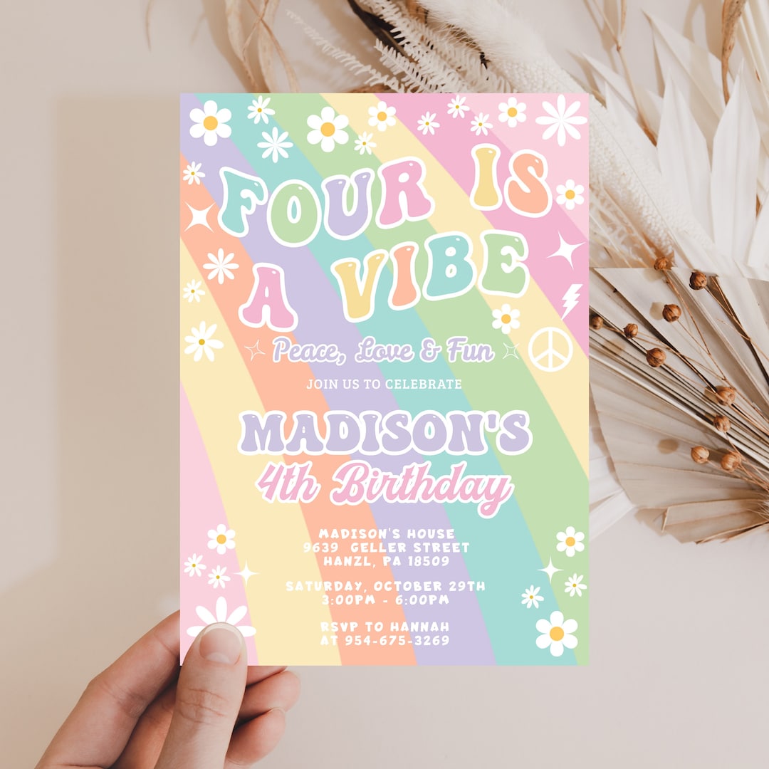 Groovy 4th Birthday Invitation, EDITABLE Four is a Vibe Invitation ...