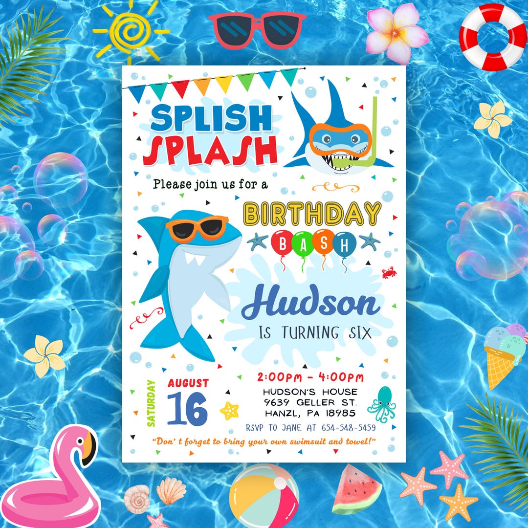 Splish Splash Birthday Invitation | Editable Pool Party Invite | Shark ...