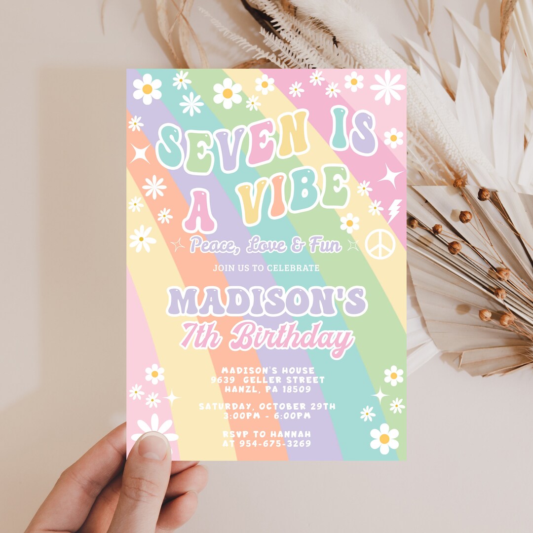 Groovy 7th Birthday Invitation, EDITABLE Seven is a Vibe Invitation ...