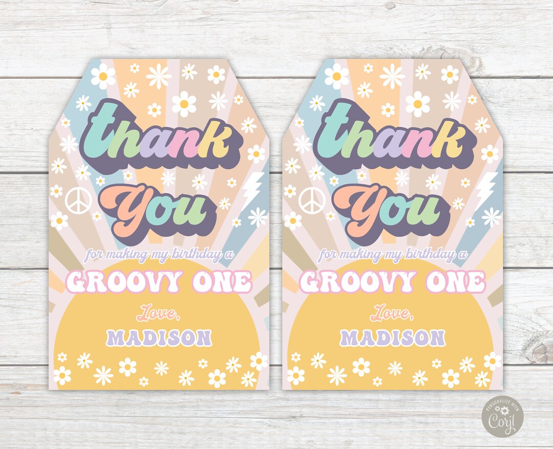 Daisy Favor Tags EDITABLE Groovy Birthday Favor Tags Rainbow Thank You ...