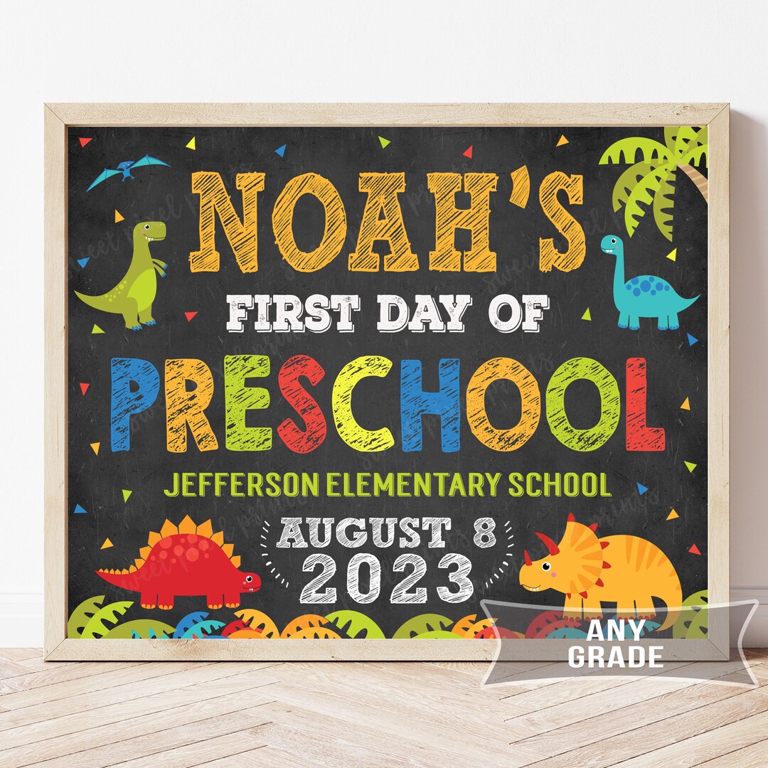 First Day of School Sign, Dinosaur First Day of Preschool Chalkboard ...