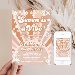 Groovy 7th Birthday Invitation, Editable Seven is a Vibe Invite, Retro ...