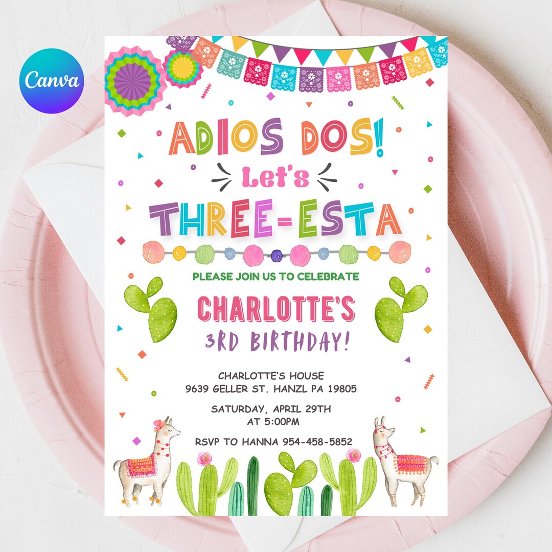 Fiesta Birthday Invitation, EDITABLE Three-esta Birthday Invite, Adios ...