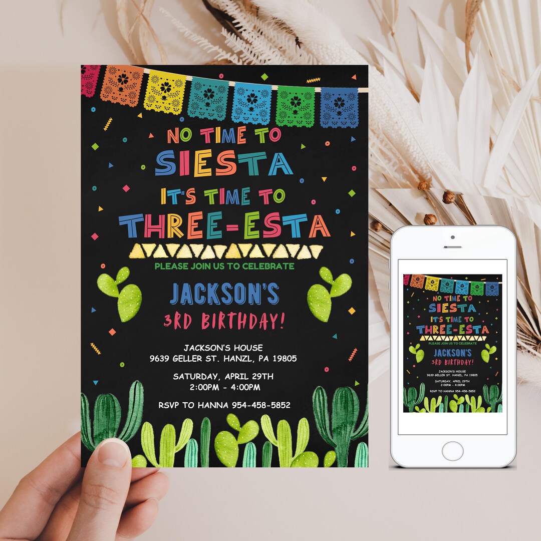 Three Esta Birthday Invitation EDITABLE Fiesta Invite No Time to Siesta ...
