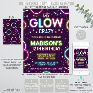 Glow Party Invitation, EDITABLE Glow Party Birthday Invitation, Glow ...