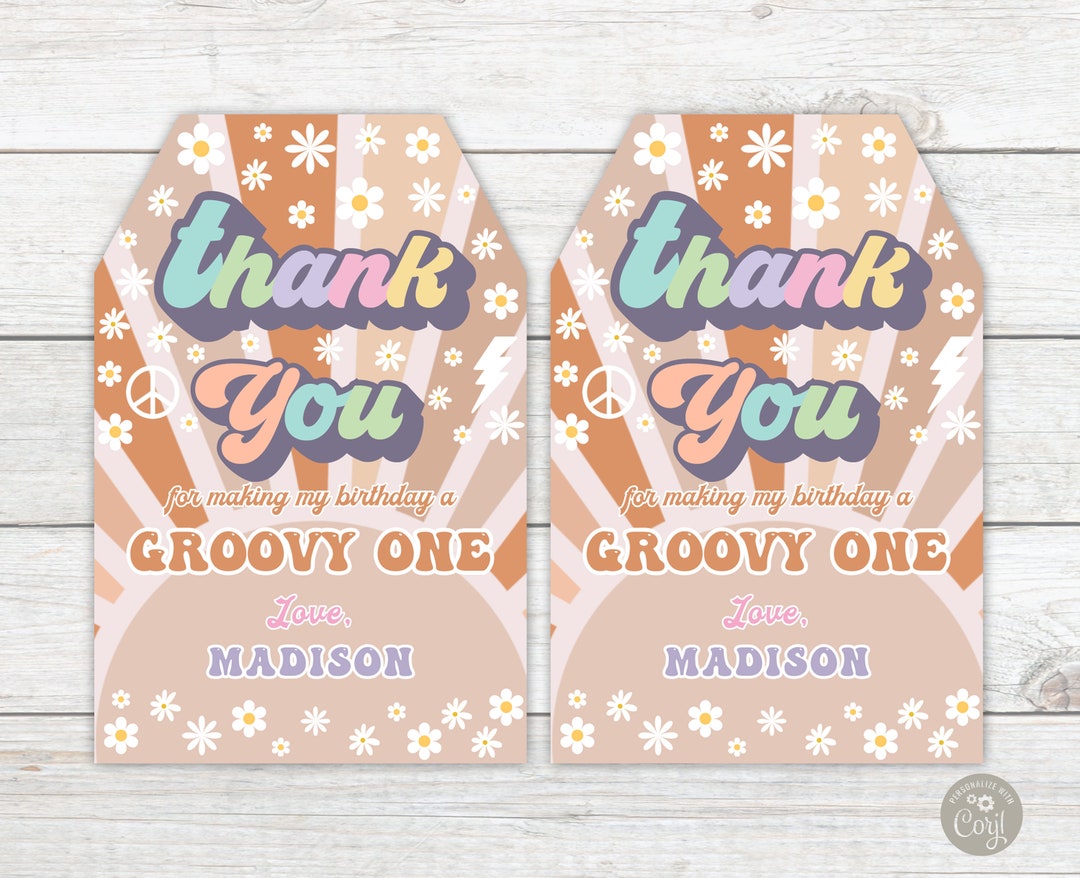 Daisy Favor Tags EDITABLE Groovy Birthday Favor Tags Rainbow Thank You ...