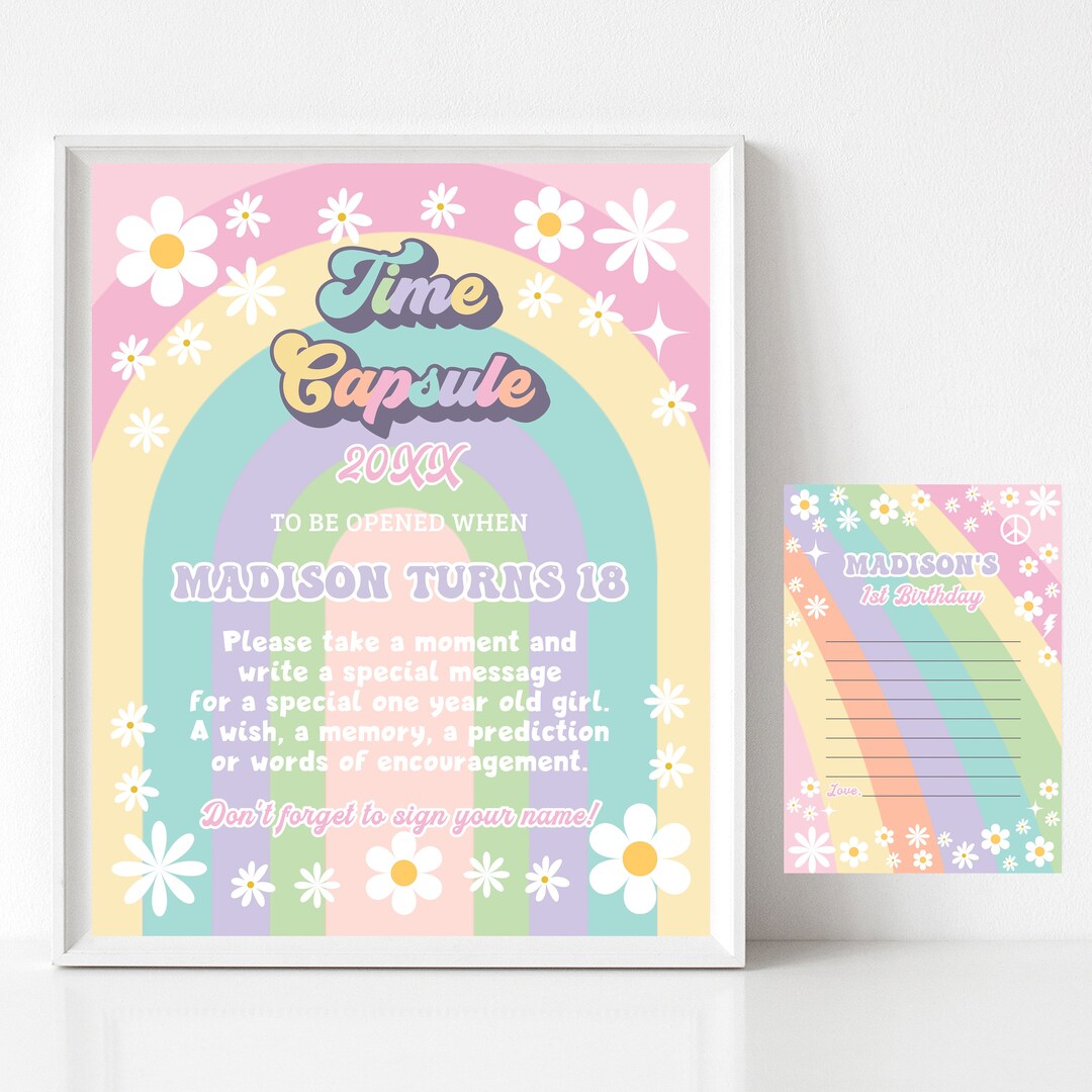 Editable Groovy Time Capsule Sign Matching Note Cards Groovy Birthday ...