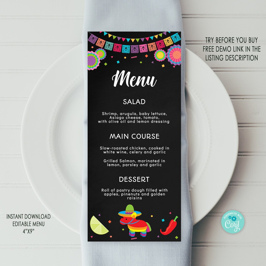 Fiesta Menu Template, EDITABLE Menu, Mexican Theme Menu, Fiesta ...