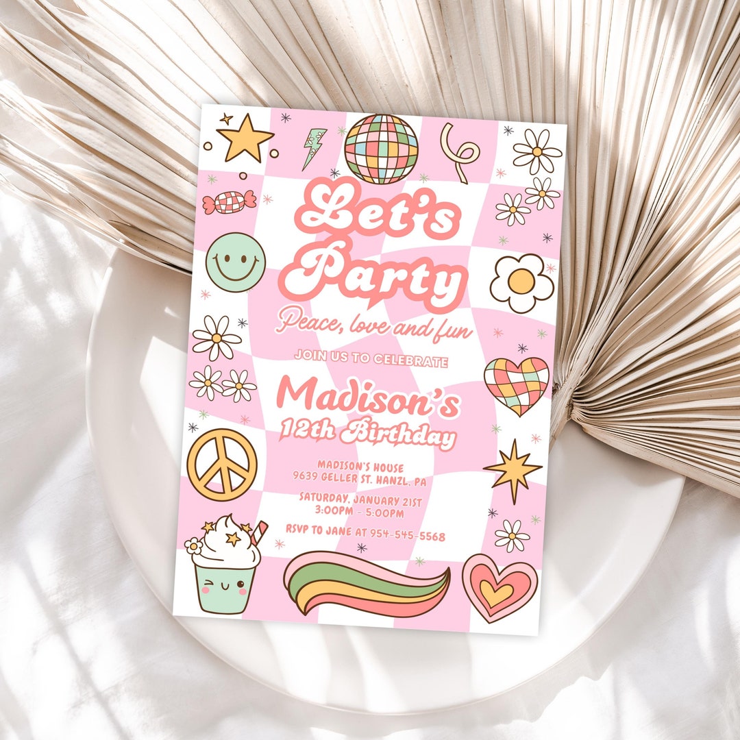 Editable Checkered Smiley Face Birthday Invitation, Groovy Retro Party ...