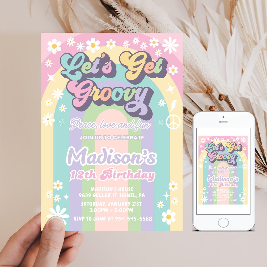Editable Groovy Birthday Invitation, Retro 70s Party Invite, Lets Get ...