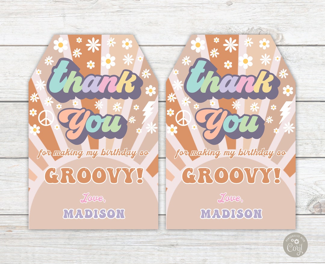 Daisy Favor Tags EDITABLE Groovy Birthday Favor Tags Rainbow Thank You ...