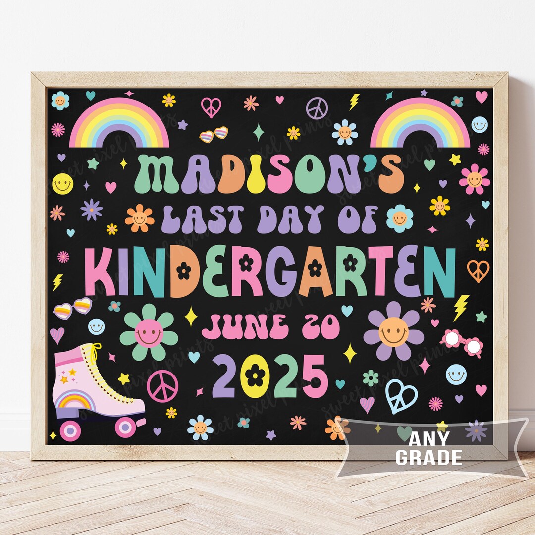 Groovy Last Day of Kindergarten Sign, Retro Hippie Skate Girl Photo ...