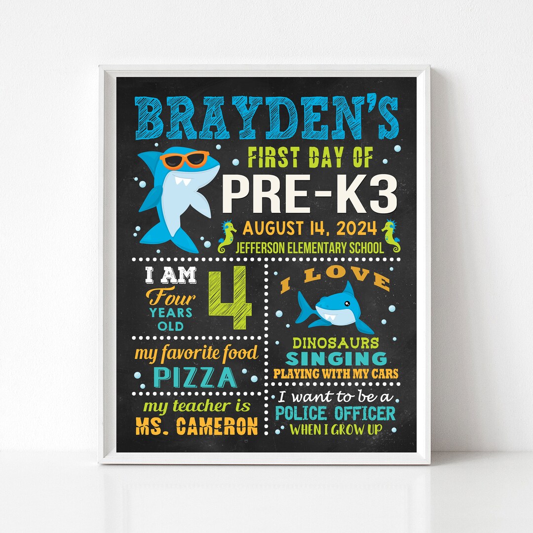 Shark First Day of School Sign, PRINTABLE First Day of Pre-k3 ...