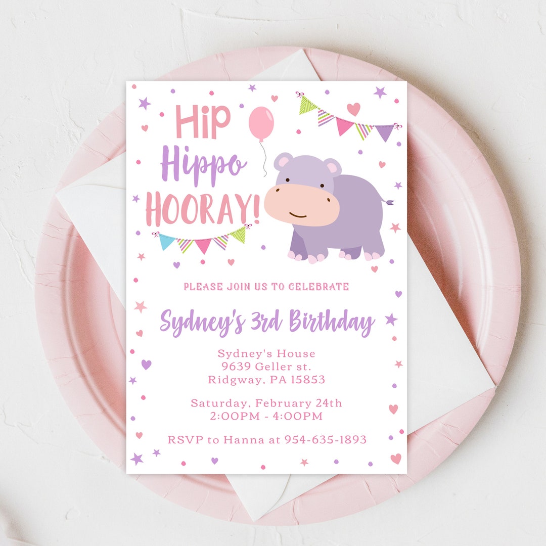 Hippo Birthday Invitation, EDITABLE Hippo Birthday Invitation, Hip ...