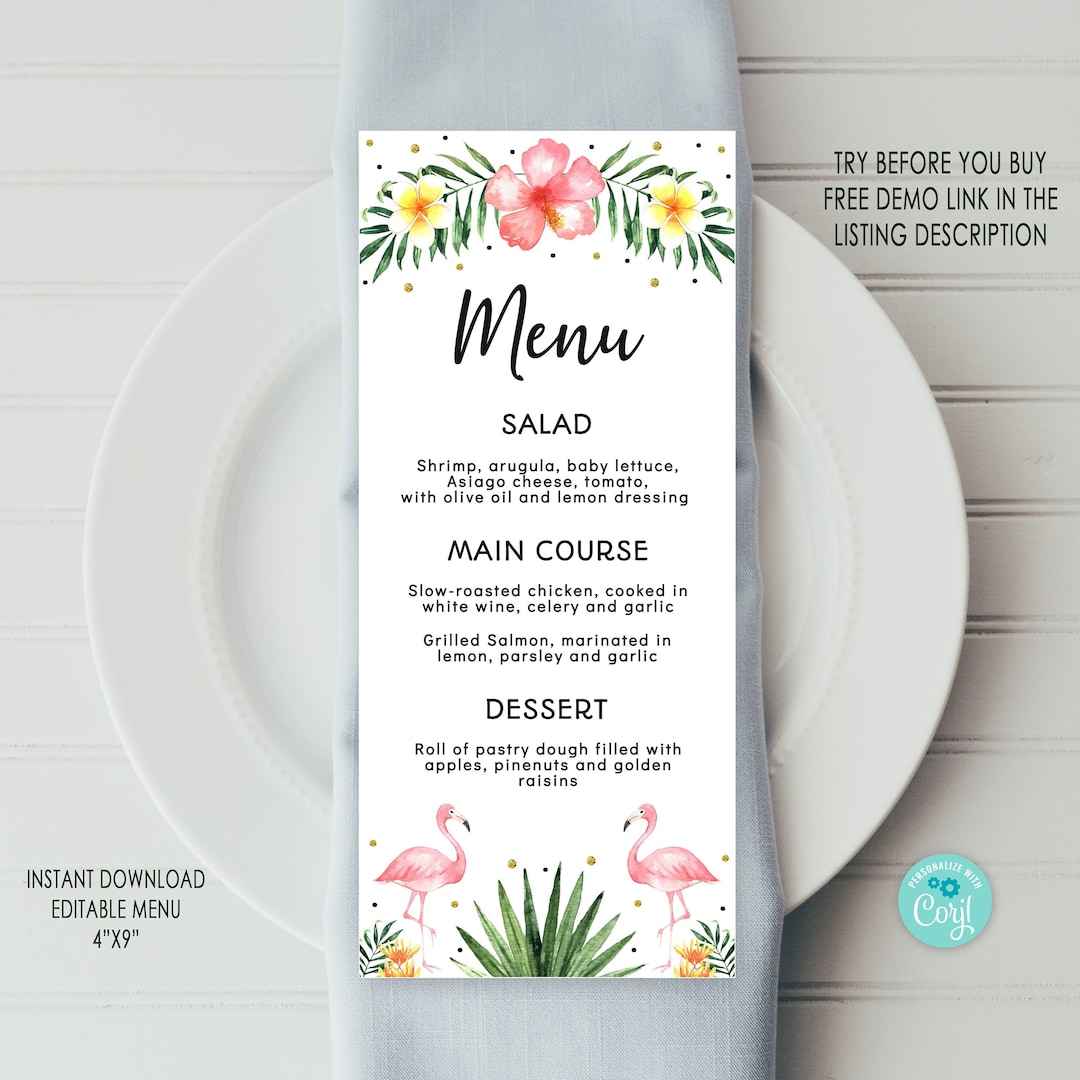Flamingo Menu Template, EDITABLE Tropical Menu, Hawaiian Wedding Menu ...
