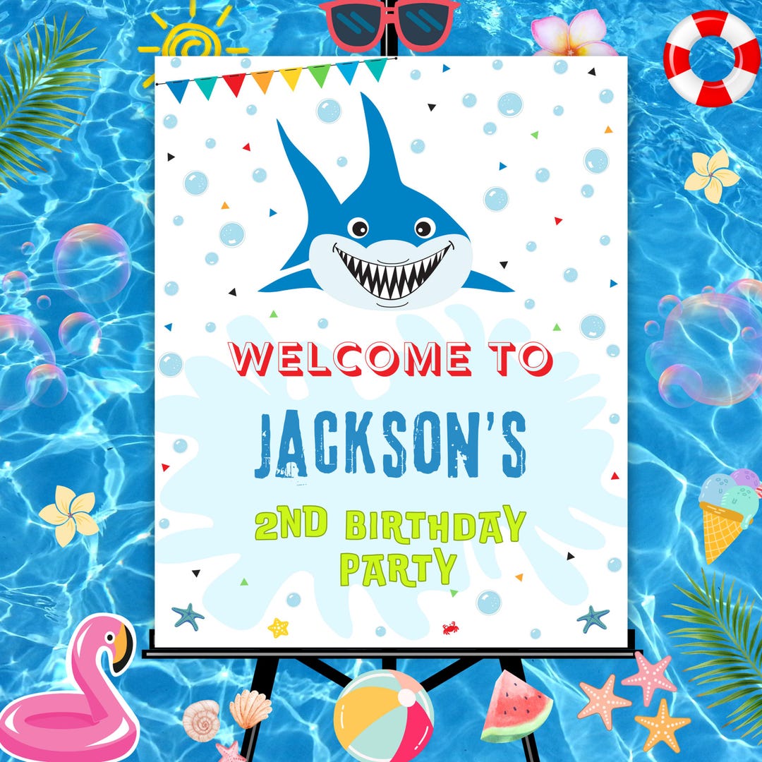 Editable Shark Birthday Welcome Sign, Shark Theme Pool Party Decor ...