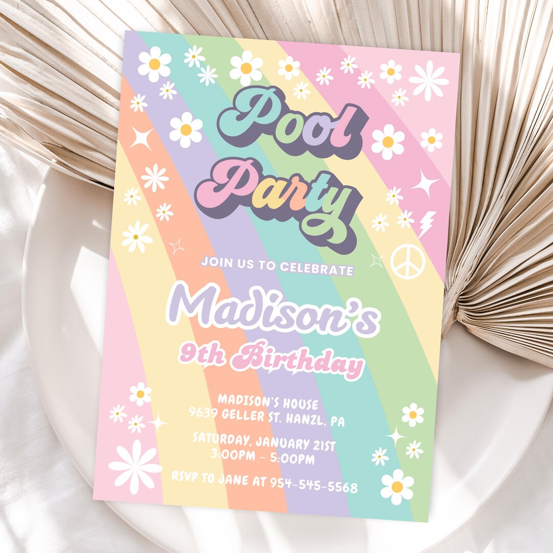 Groovy Birthday Invitation, Retro Pool Party Invite, Editable Canva ...
