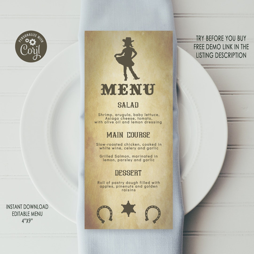 Cowgirl Menu Template, EDITABLE Menu, Western Printable Menu, Wedding ...