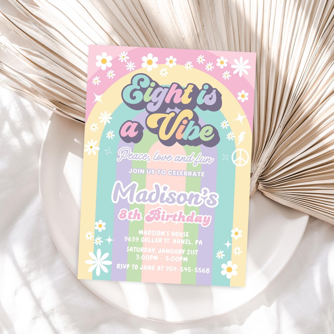 Editable Groovy 8th Birthday Invitation, Retro Daisy Rainbow Hippie ...