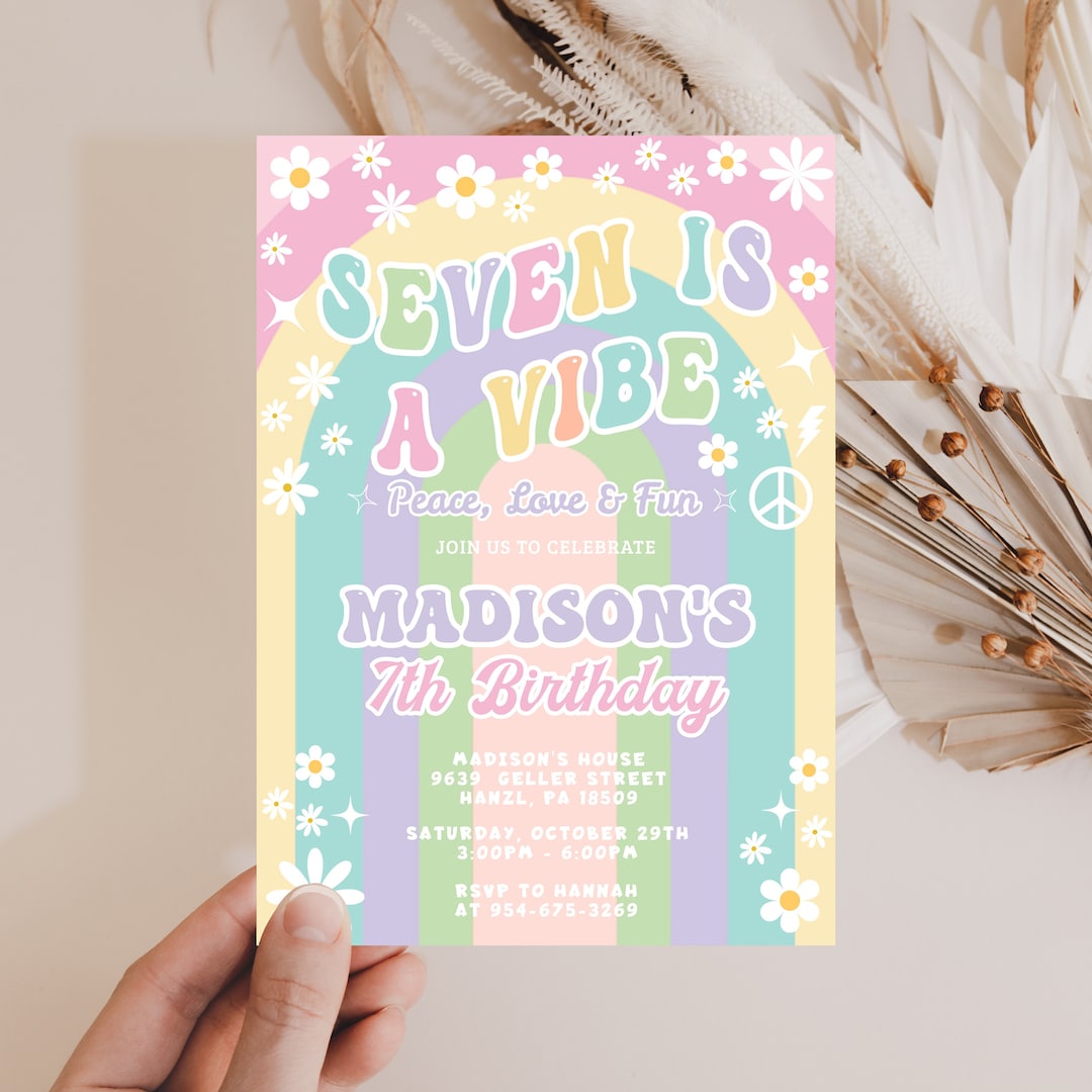 Groovy 7th Birthday Invitation, EDITABLE Seven is a Vibe Invitation ...