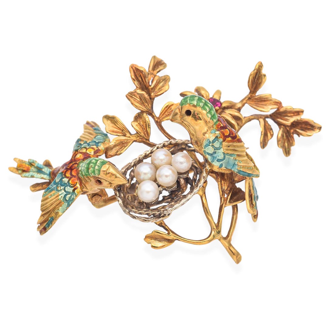Vintage 18k Gold Enamel Love Birds Nest Brooch - Etsy