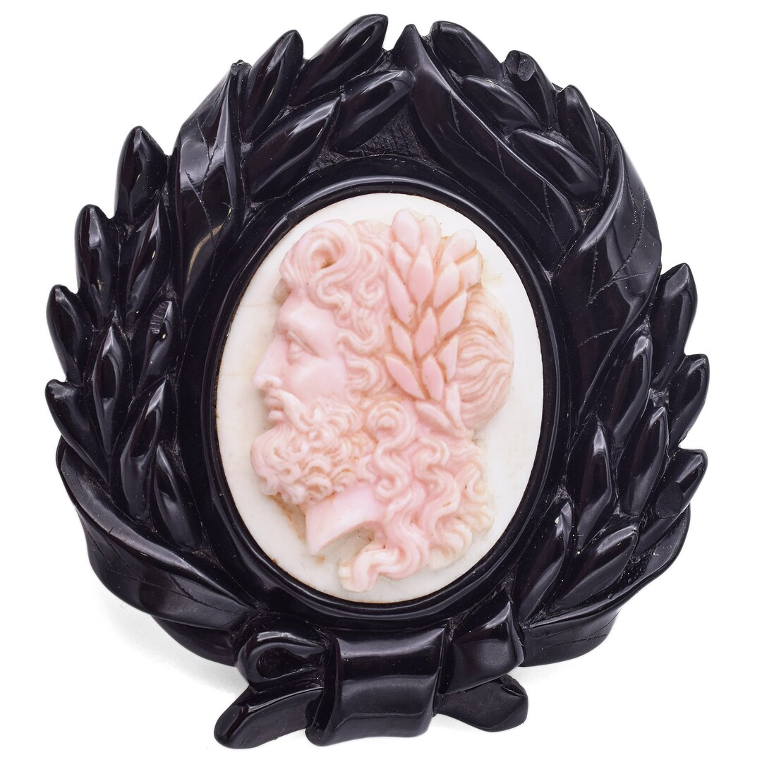 Antique Jet & Pink Conch Shell Zeus Laurel Wreath Cameo Brooch Pin - Etsy