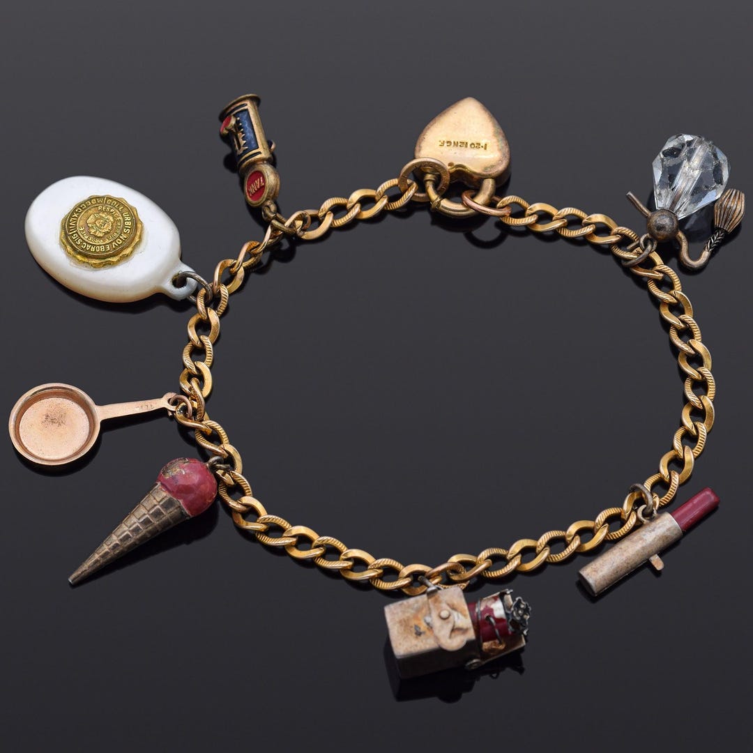 Vintage Gf Mop Crystal Lock, Lipstick Perfume10k Gold Frying Pan Charm ...