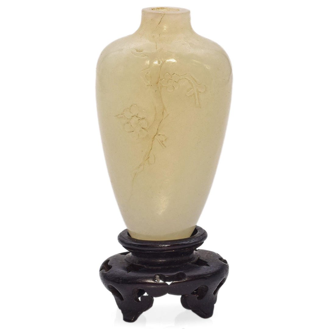 Antique Floral Carved Mutton Fat Jade Vase on Wood Stand - Etsy