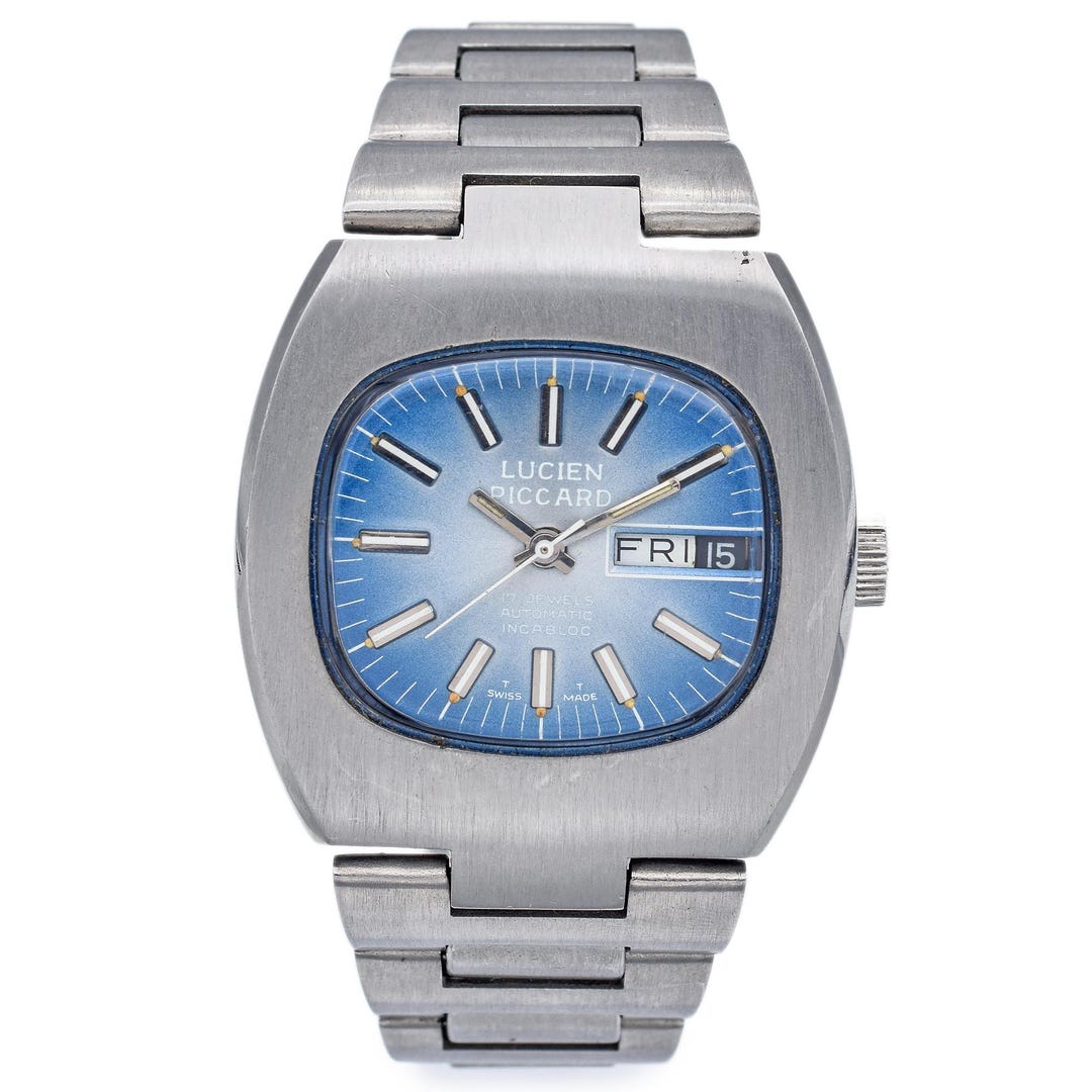 Vintage Lucien Piccard Blue Dial Stainless Steel Mens Automatic Day ...