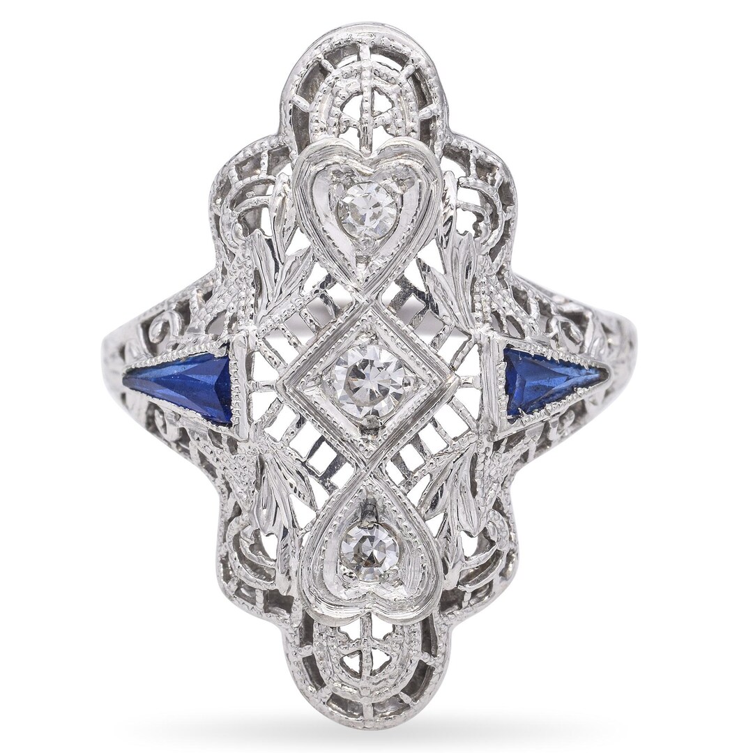 Art Deco 17k White Gold Filigree Sapphire and Diamond Dinner Ring - Etsy