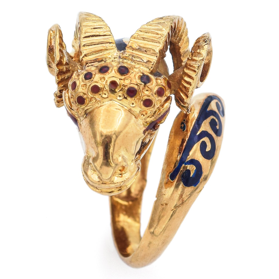 Vintage 18K Yellow Gold Enamel Ram's Head Ring Wrap Ring - Etsy