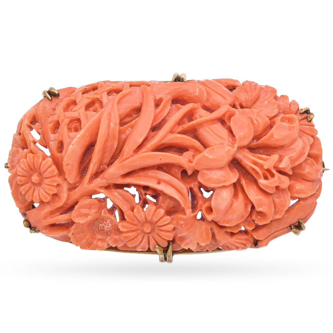 Vintage 14K Yellow Gold Red Coral Carved Floral Brooch Pin - Etsy