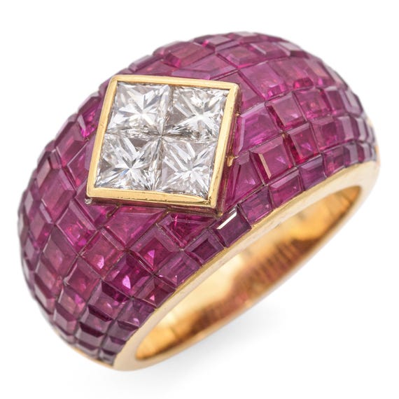 Vintage 18k Yellow Gold Invisible-Set Ruby and Diamon… - Gem