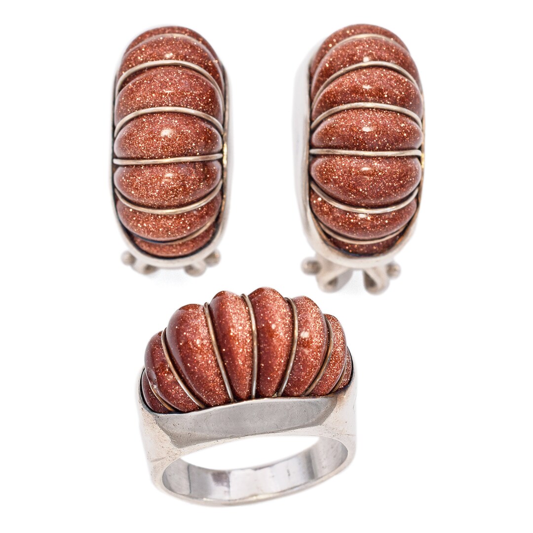 Vintage Cerro Blanco Mexico Sterling Silver Goldstone Groove Ring ...