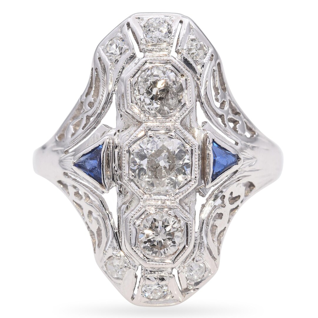 Art Deco 17k White Gold Diamond and Sapphire Dinner Ring - Etsy