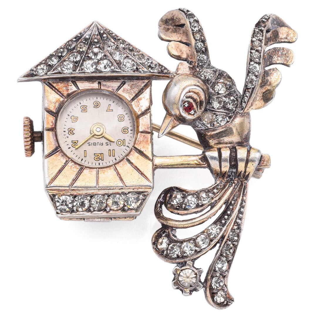 Vintage 17 Jewels Sterling Silver Rhinestone Bird House Hand Wind Watch ...