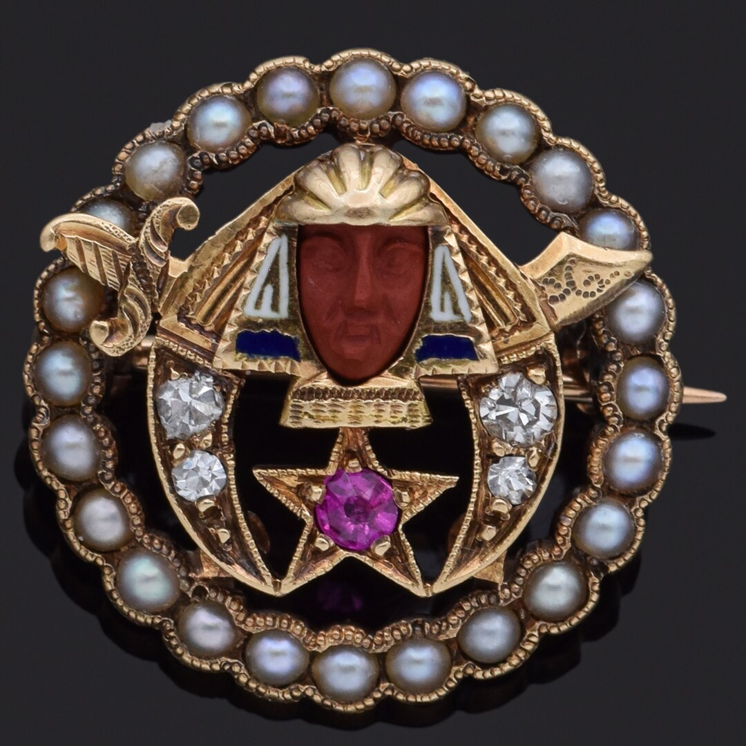 Vintage Pearl, Diamond and Ruby 14K Yellow Gold Masonic Potentate ...