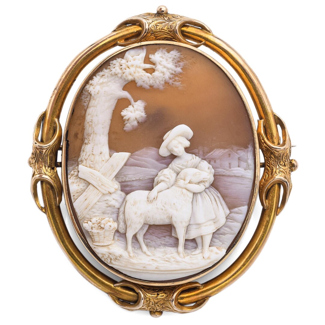 Antique Yellow Gold Shepherdess and Her Sheep Cameo Shell Brooch - Etsy