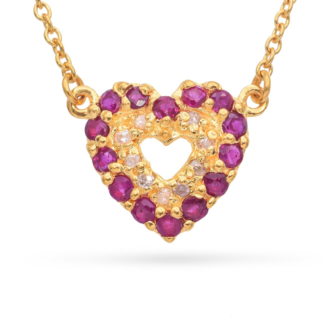 17K Yellow Gold Ruby and Diamond Rose Cut Heart Pendant Necklace - Etsy