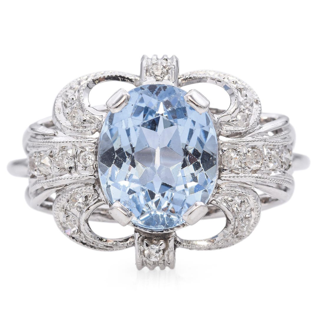 Vintage 17k White Gold Oval 3.6 Ct. Blue Topaz and Diamond Ring - Etsy
