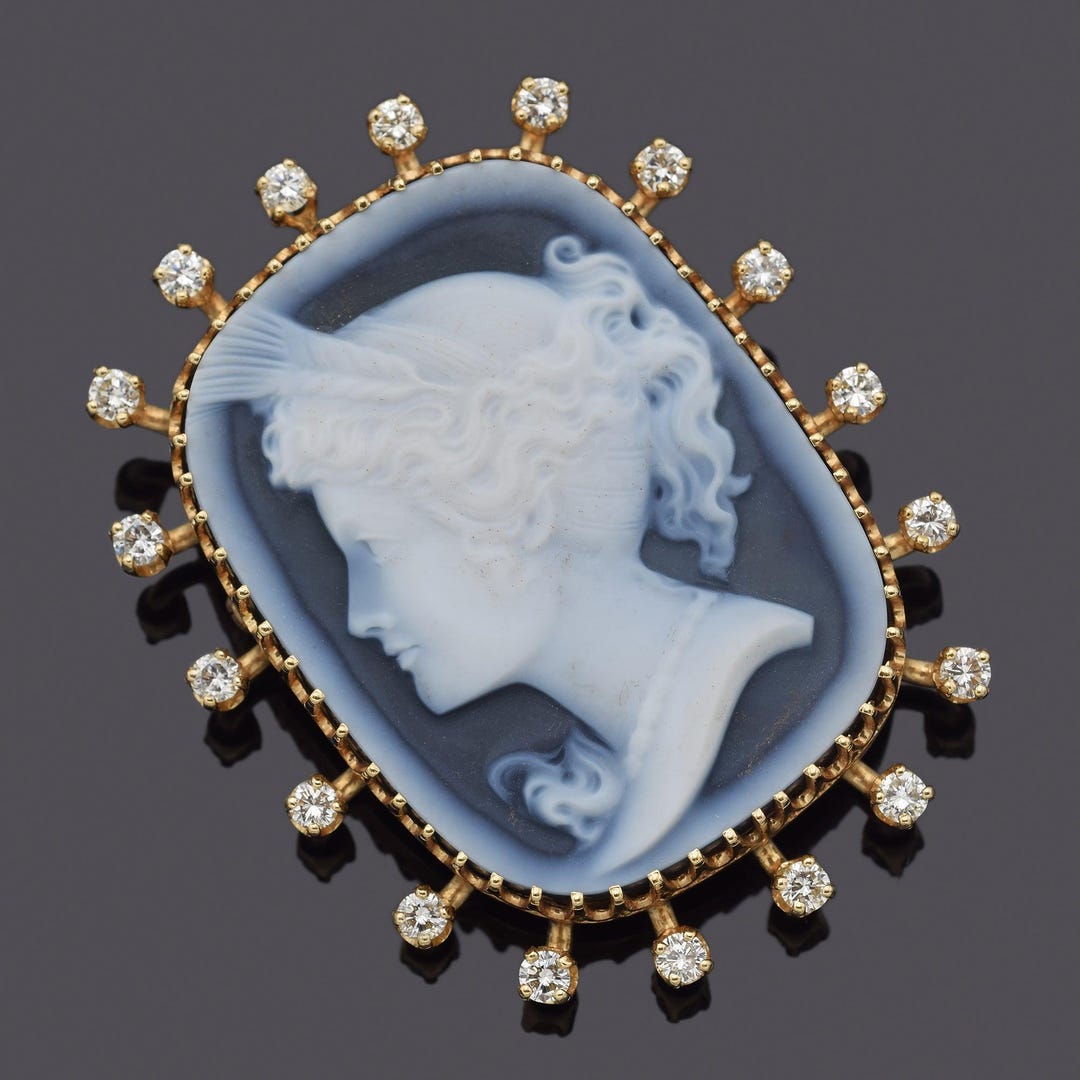 Vintage 14k Yellow Gold Blue Agate Cameo & Diamond Large Brooch Pin ...
