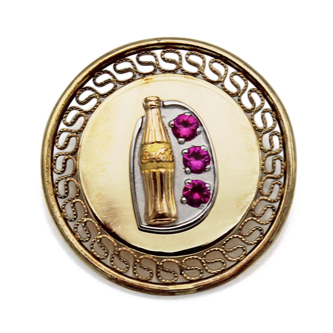 Vintage 10K Gold Ruby Coca Cola Coke Bottle on 12K GF Round Badge ...