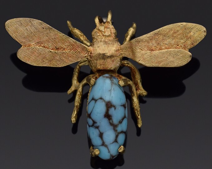 Vintage 18K Yellow Gold Turquoise Bee Brooch Pin - Etsy