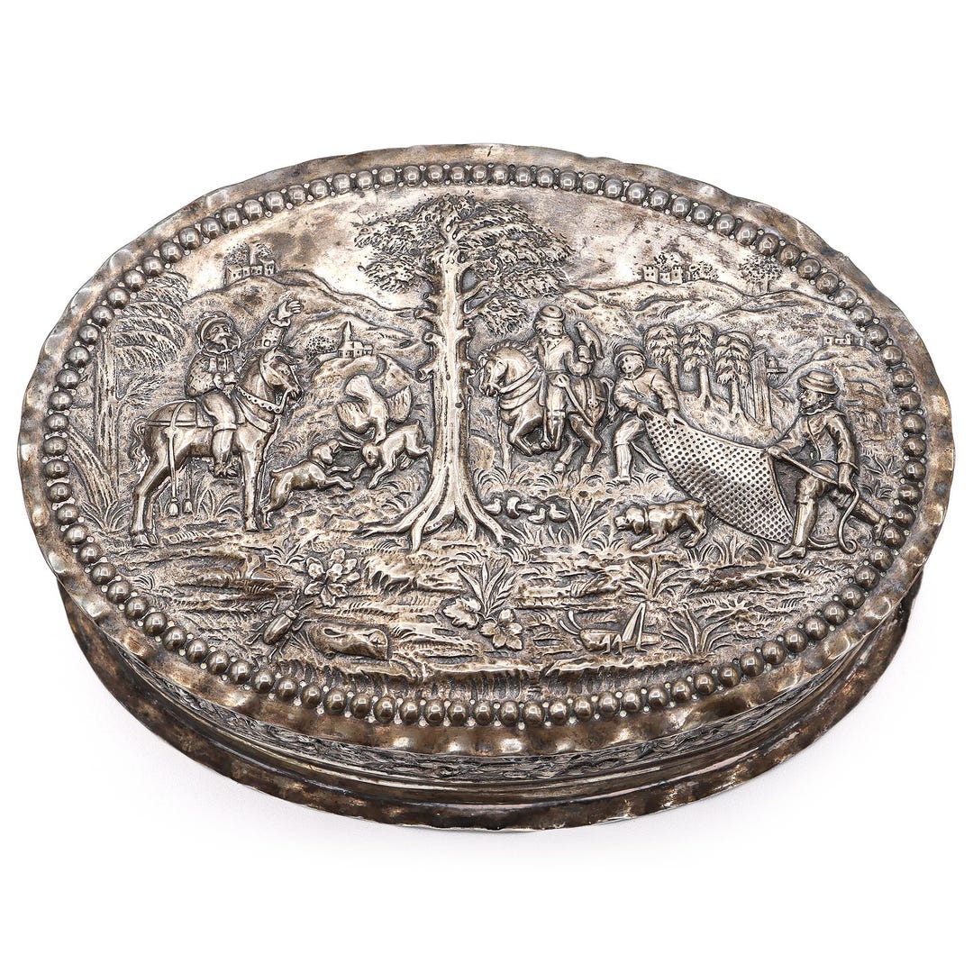 Antique Embossed Silver Hunting Scene Oval Jewelry Trinket Box - Etsy